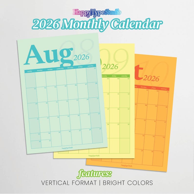 2026 Printable Calendar: Classic Colorful Monthly Wall Planner (A3, A4 ...