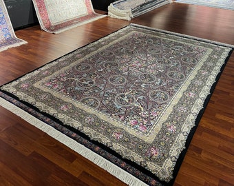 Blue Beige Persian Silk Rug, 7X10 Ft Luxury Silk Rug, Authentic Pattern ...