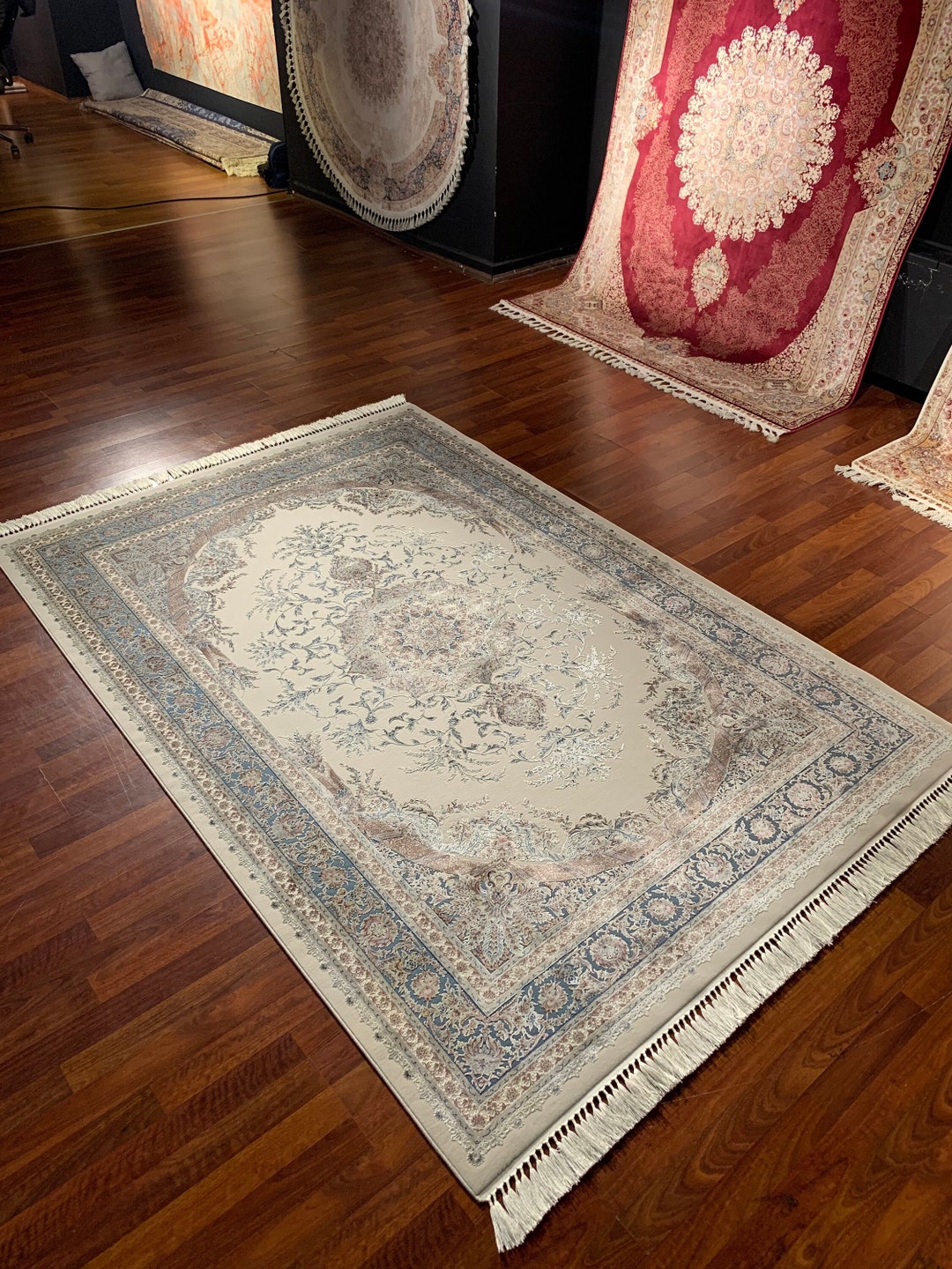 7x10 Ft Blue Cream Rug, Living Room Rug, 5x8 Silk Rug, Oversize Silk ...