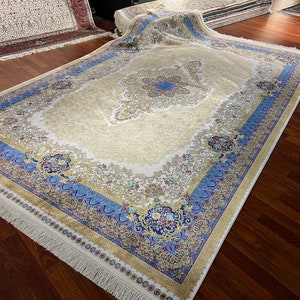 Blue Beige Persian Silk Rug, 7X10 Ft Luxury Silk Rug, Authentic Pattern ...