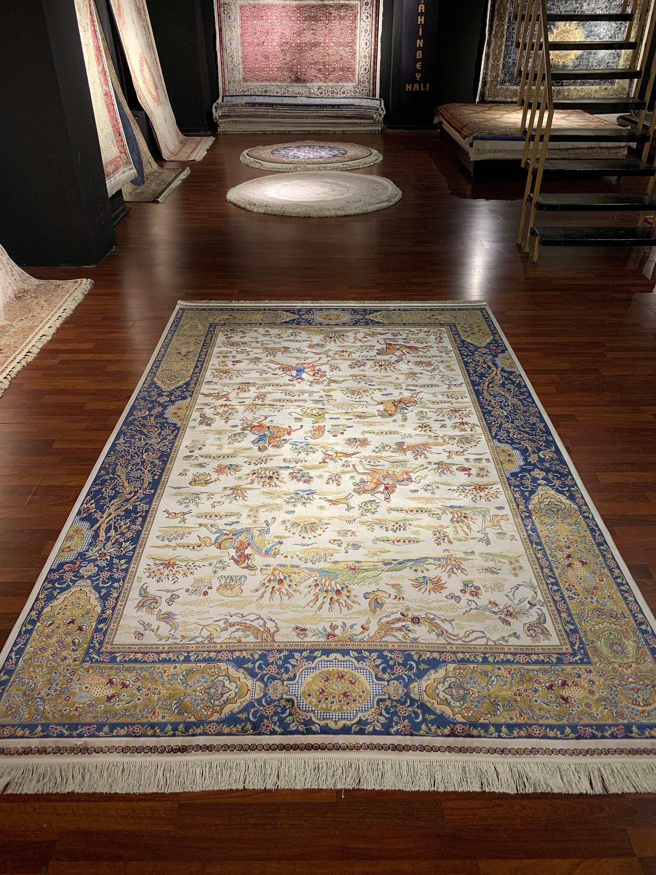 7x10 Beige Blue Silk Rug, Luxurious Living Room Rug, High Quality Silk ...