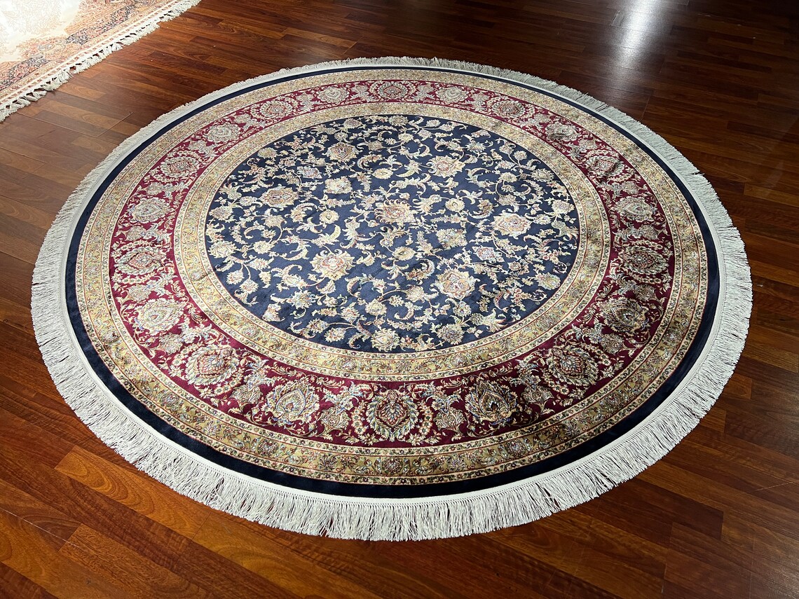Red Blue Silk Circle Rug, Circle Rug 7x7, Round Rug Vintage, Circle ...