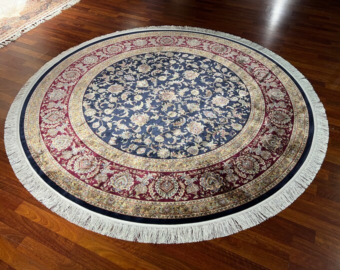 Red Blue Silk Circle Rug, Circle Rug 7x7, Round Rug Vintage, Circle ...