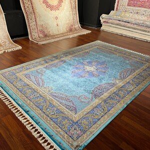 Blue Persian Design Silk Rug, 5x8ft Luxury Silk Rug Authentic Rug, High ...