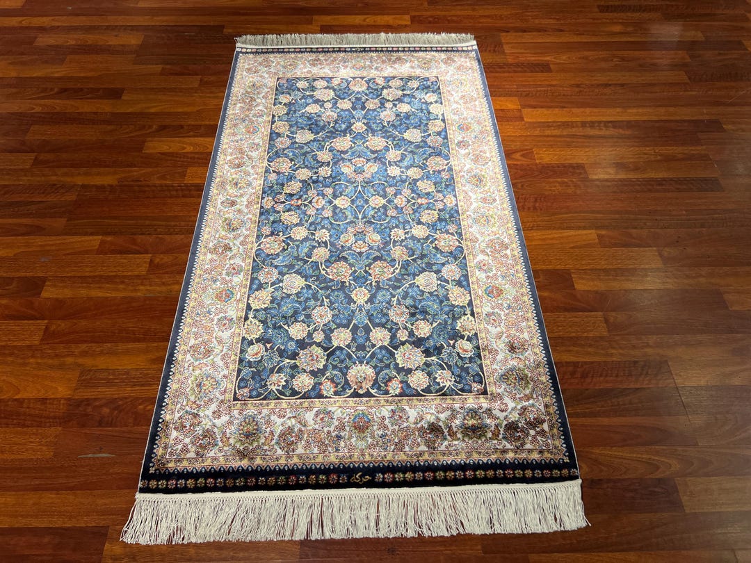 3X5 Ft Blue Floral Pattern Silk Rug, 3x5 Runner Silk Rug, 3x5 Silk Rug ...