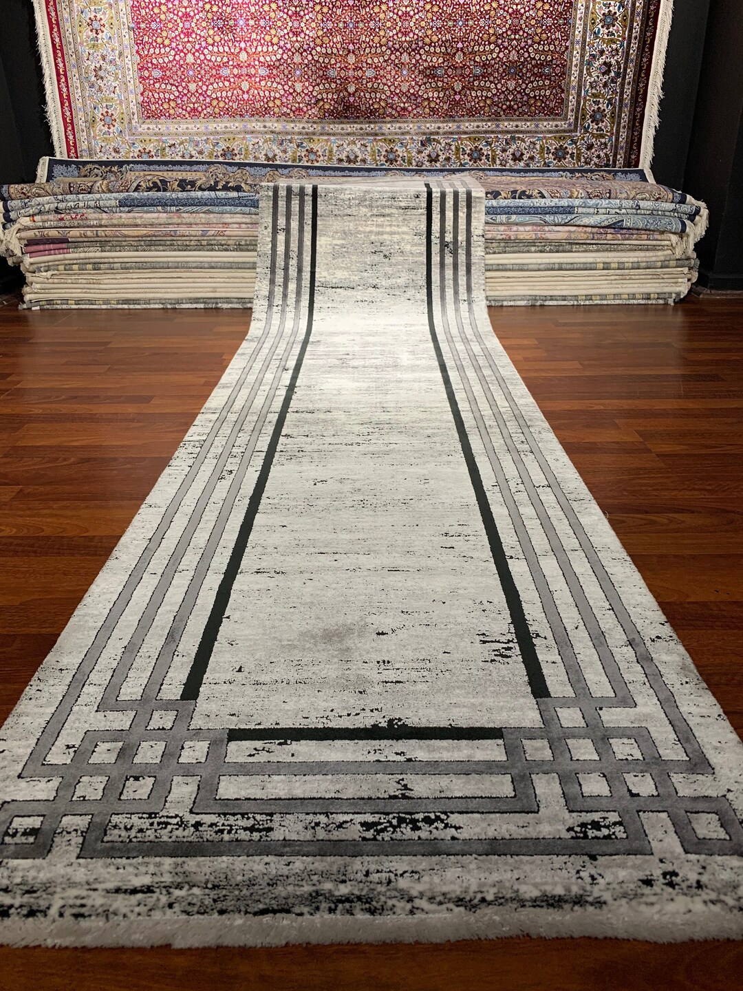 3x10 Runner Rug, Gray Bamboo Rug, Red Gold Bamboo Carpet, 3x10 Area Rug ...