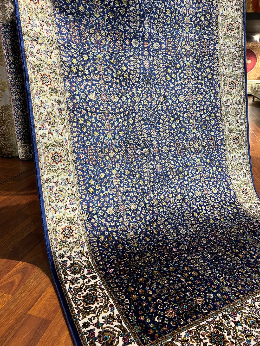 3x5ft Navy Blue Mini Rug,floral Pattern Mini Silk Rug,mini Silk Rug ...