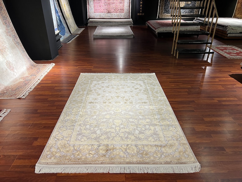 5x8 Ft Gold Beige Silk Rug, Rug for Living Room, Persian Silk Rug ...