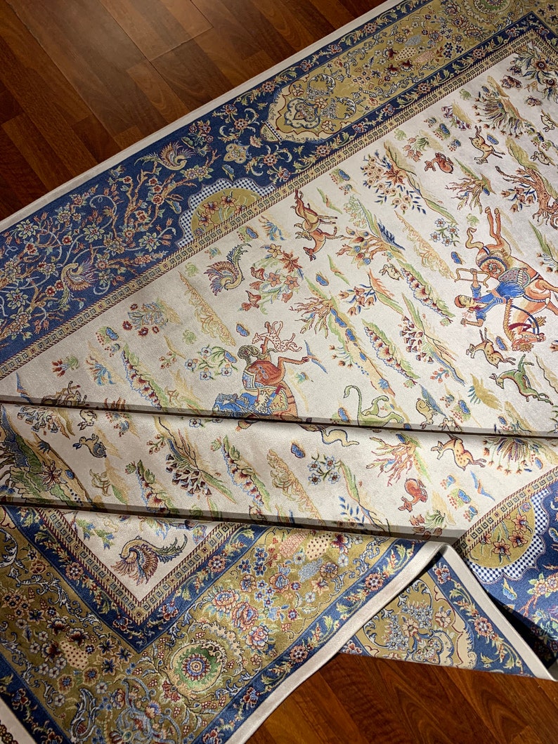 7x10 Beige Blue Silk Rug, Luxurious Living Room Rug, High Quality Silk ...