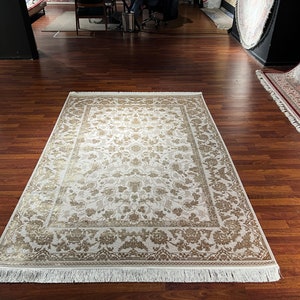 5x8 Ft Gold Beige Silk Rug, Rug for Living Room, Persian Silk Rug ...