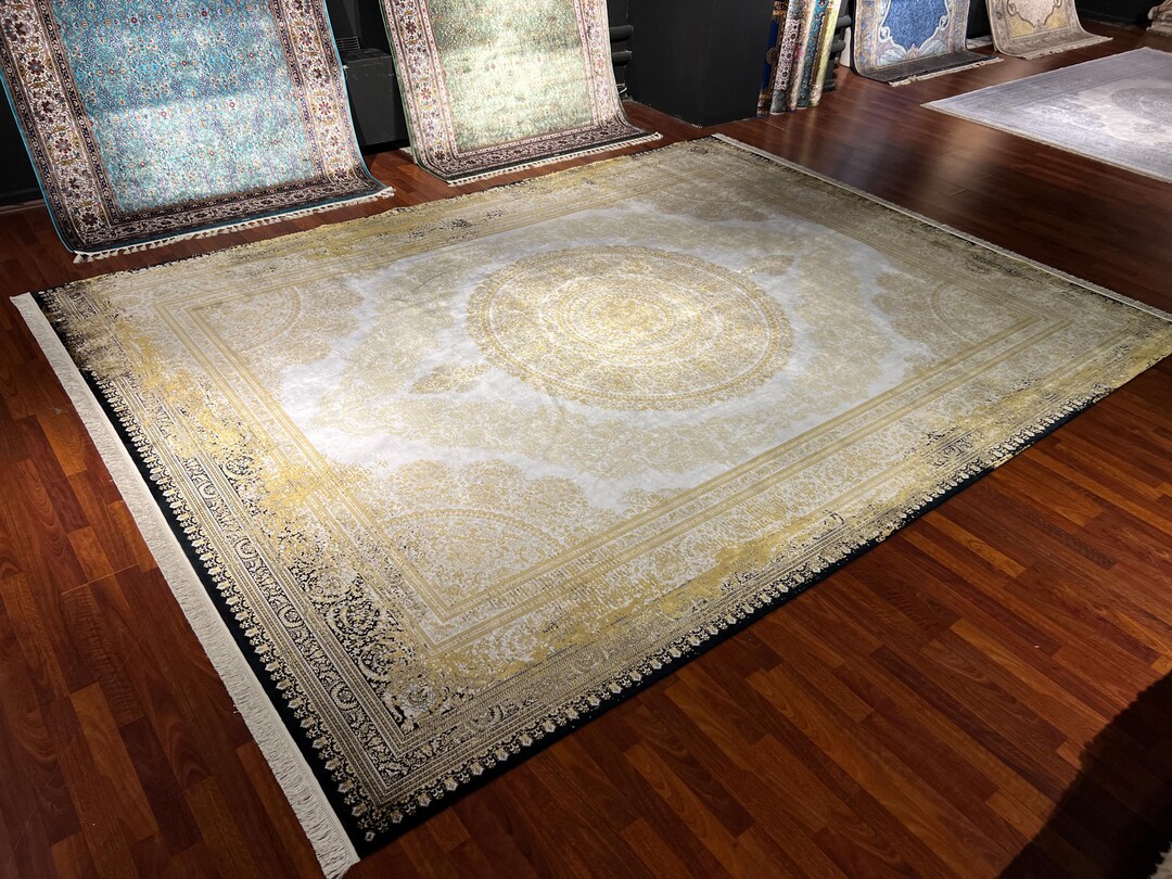 10X13 Ft Cream Gold Silk Rug, Carpet for Living Room, Authentic Silk ...