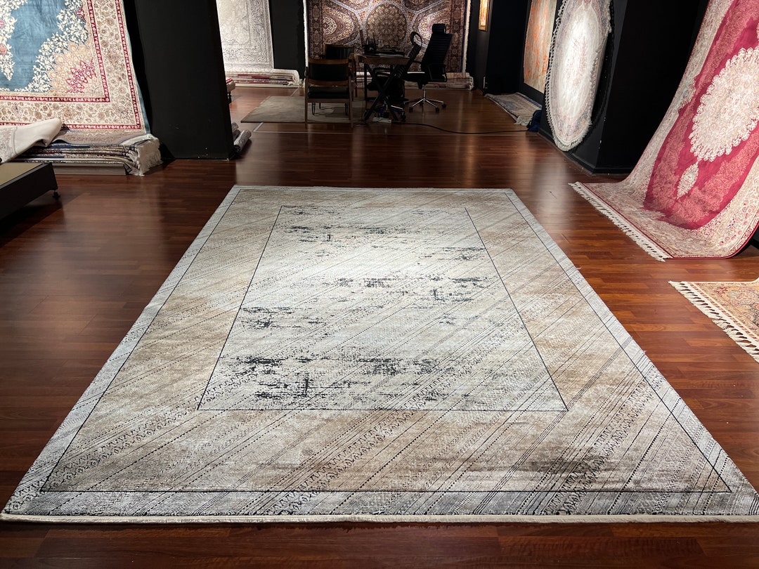 Beige Bamboo Silk Rug, Large Modern Rug, 8x11 Turkish Rug, Beige Bamboo ...