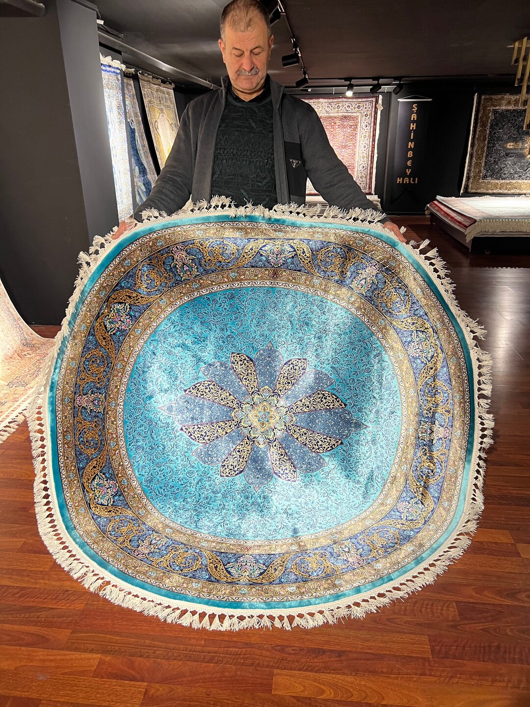 Blue Silk Circle Rug, Circle Rug 5x5 Ft, Round Rug Vintage, Circle Silk ...