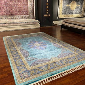 Blue Persian Design Silk Rug, 5x8ft Luxury Silk Rug Authentic Rug, High ...