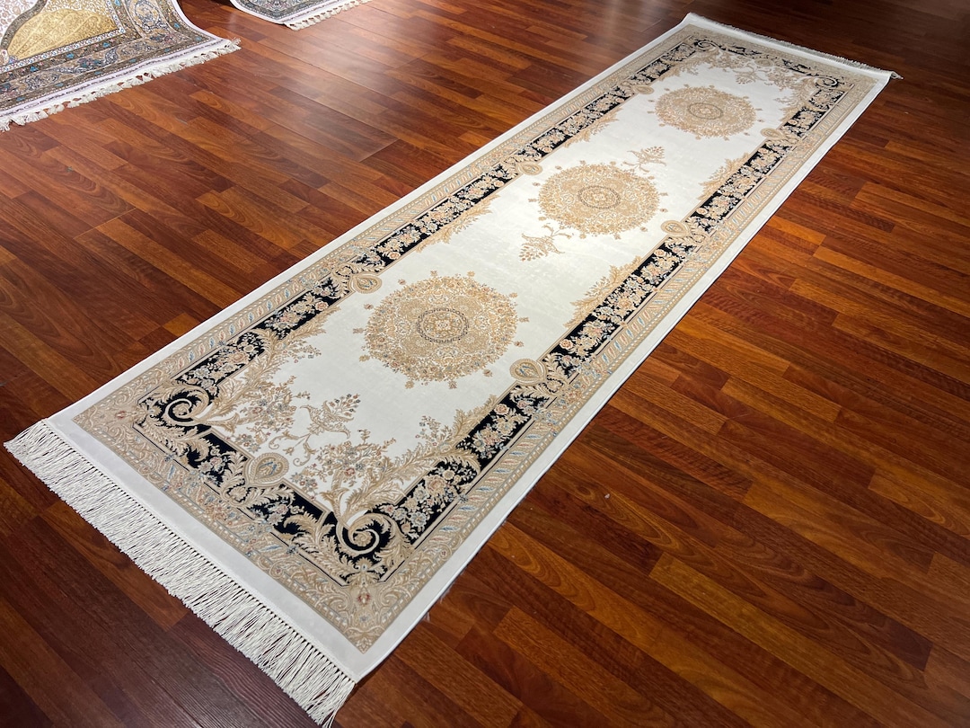 3x10 Ft Cream Gold Runner Rug, Runner Bamboo Silk Rug, 3x10 Area Rug ...