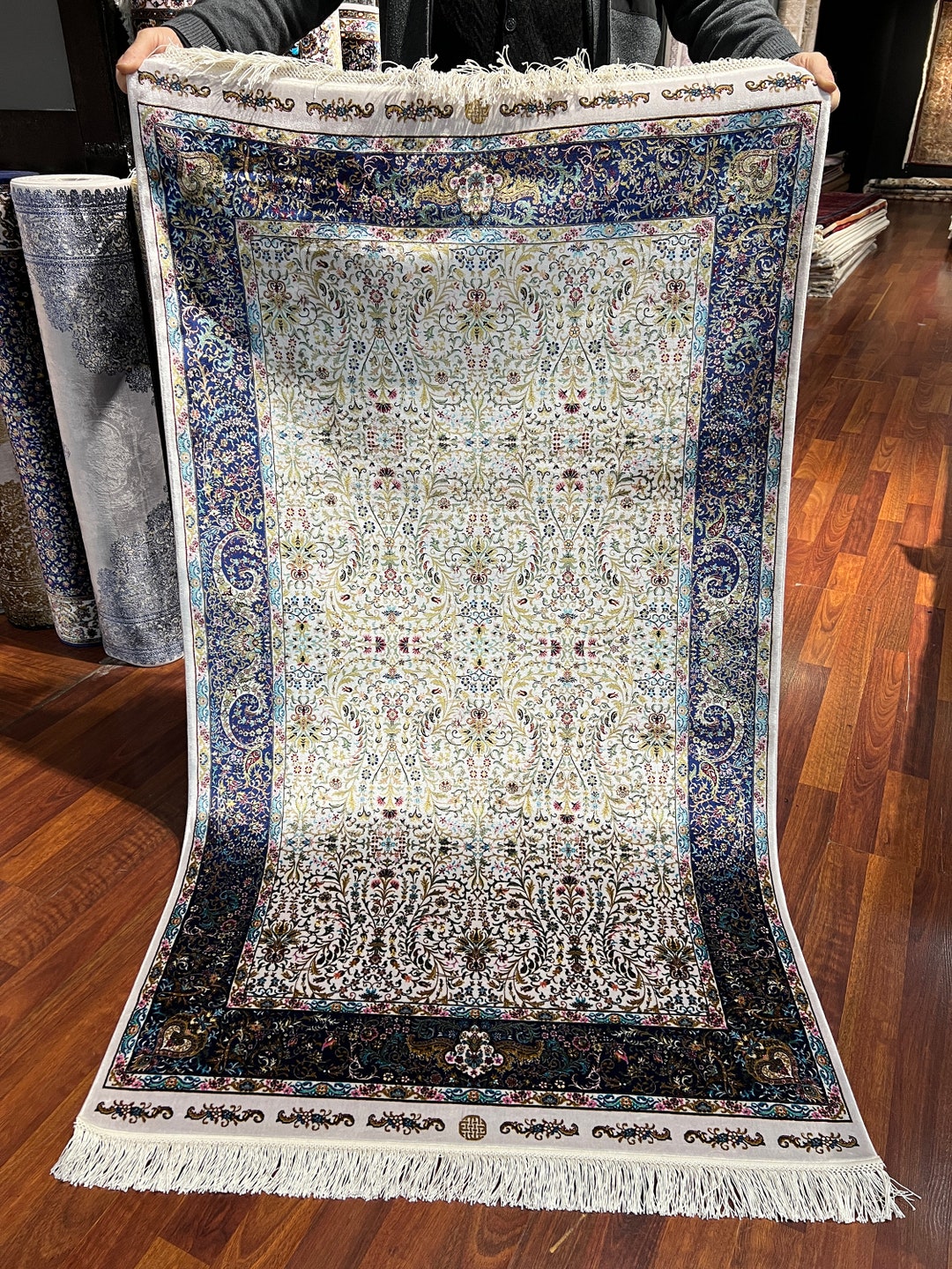 3x5ft Navy Blue Floral Mini Silk Rug Authentic Rug,mini Silk Rug, High ...