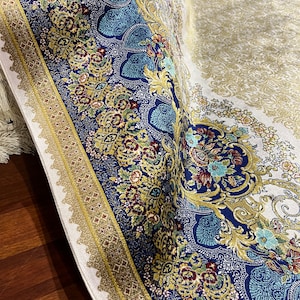 Blue Beige Persian Silk Rug, 7X10 Ft Luxury Silk Rug, Authentic Pattern ...