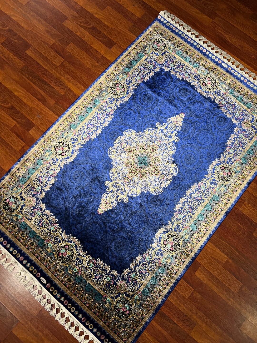 4x6 Ft Blue Persian Silk Rug, Rug for Living Room, Palace Silk Rug, Qum ...