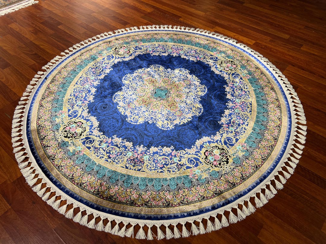 5x5 Ft Blue Gold Silk Circle Rug, Round Rug Vintage, Circle Silk Rug ...
