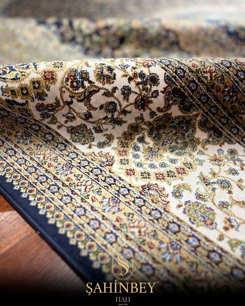 5x8ft Navy Blue Cream Silk Rug, Living Room Rug, Palace Silk Rug ...