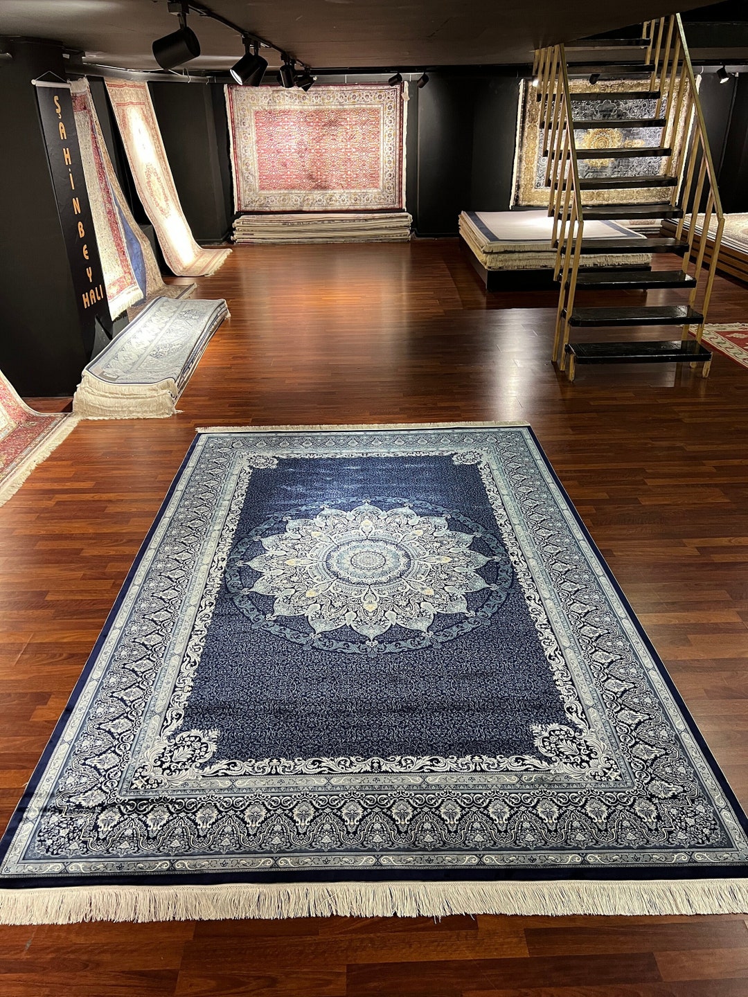 Navy Blue Luxury Silk Rug, 7X10 Ft Persian Silk Rug, Authentic Pattern ...