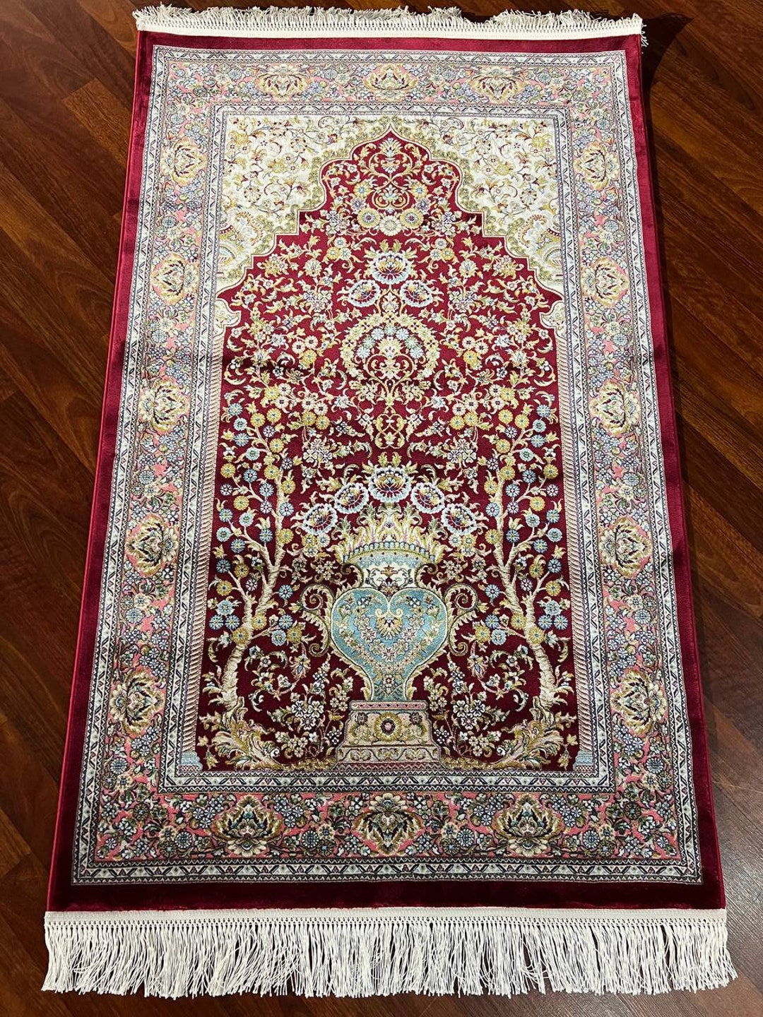 Red Mix Silk Prayer Mat, Luxury Muslim Prayer Rug, Islamic Prayer Mat ...
