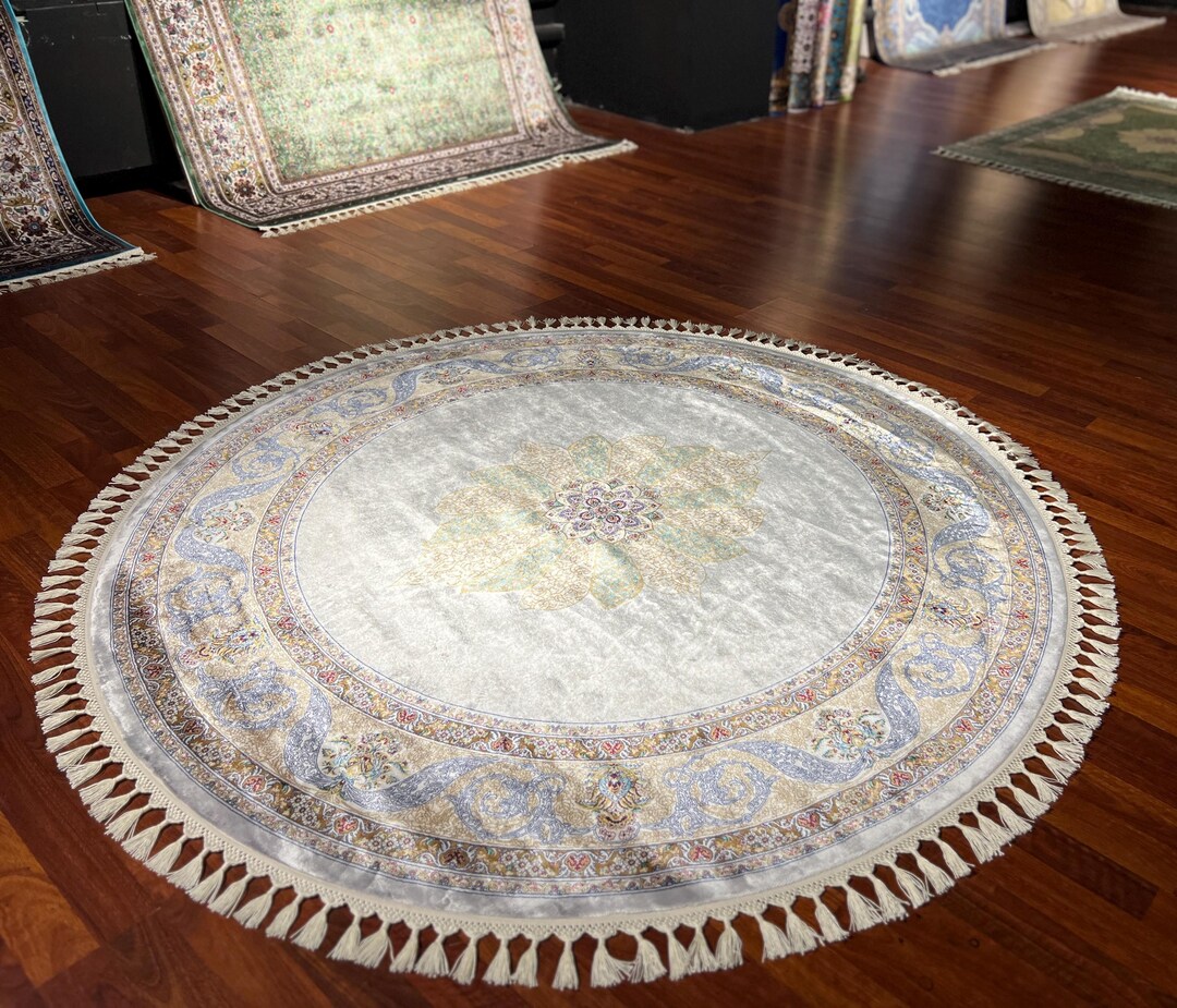 Green Gray Silk Circle Rug, Circle Rug 5x5, Round Rug Vintage, Circle ...