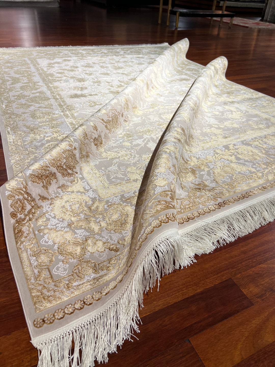 5x8 Ft Gold Beige Silk Rug, Rug for Living Room, Persian Silk Rug ...