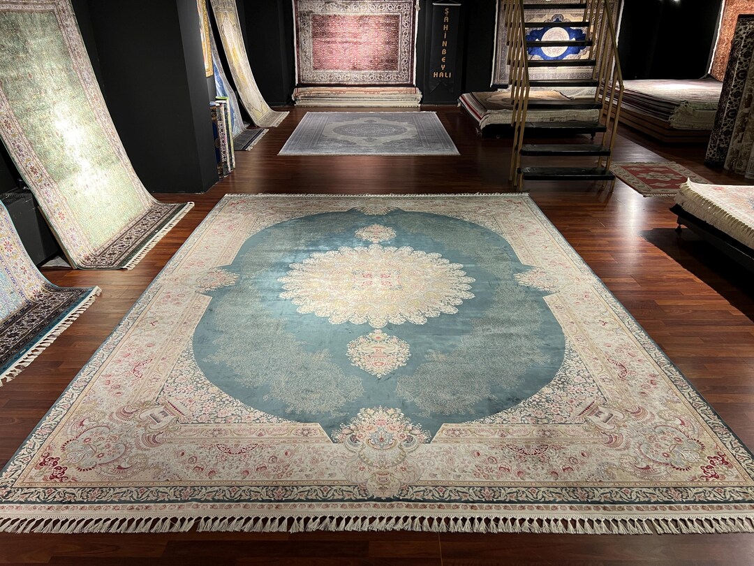 10X13 Ft Blue Silk Rug, Carpet for Living Room, Authentic Silk Rug ...