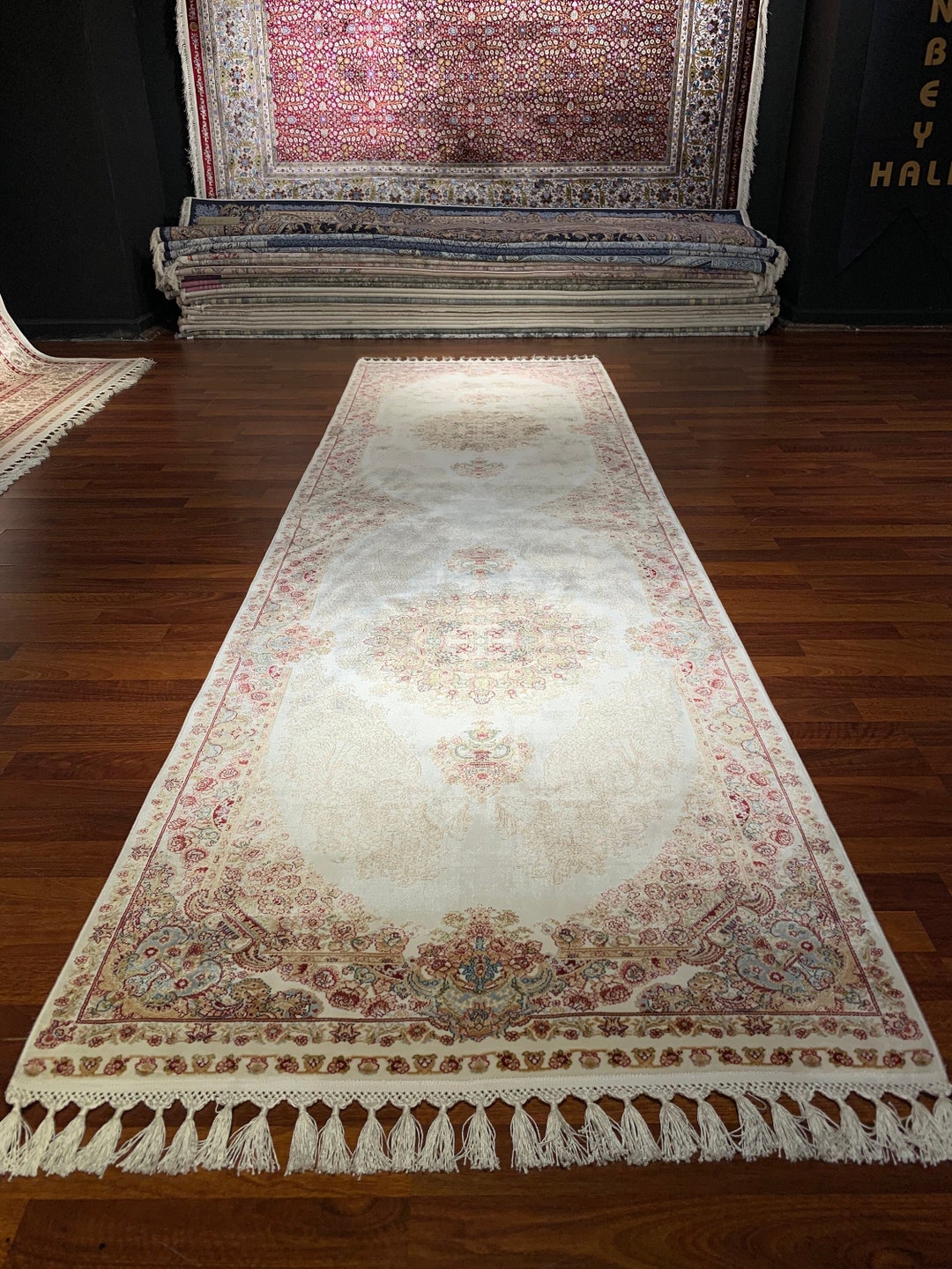 3x10 Runner Rug, Beige Silk Rug, Red Gold Silk Carpet, 3x10 Area Rug ...