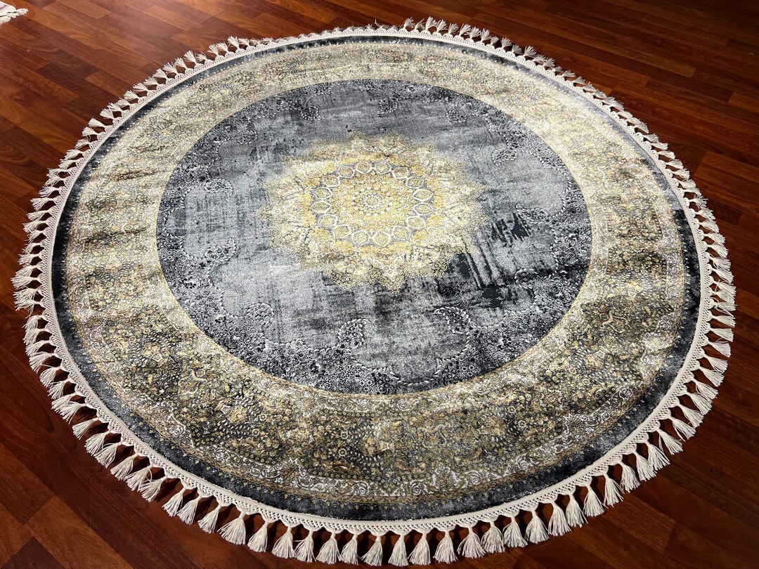 5x5 Ft Gray Gold Silk Circle Rug, Round Rug Vintage, Circle Silk Rug ...
