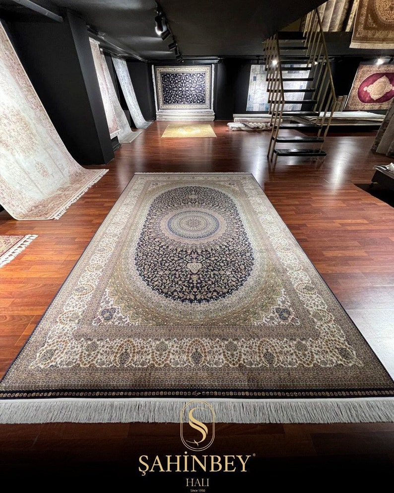 5x8ft Navy Blue Cream Silk Rug, Living Room Rug, Palace Silk Rug ...