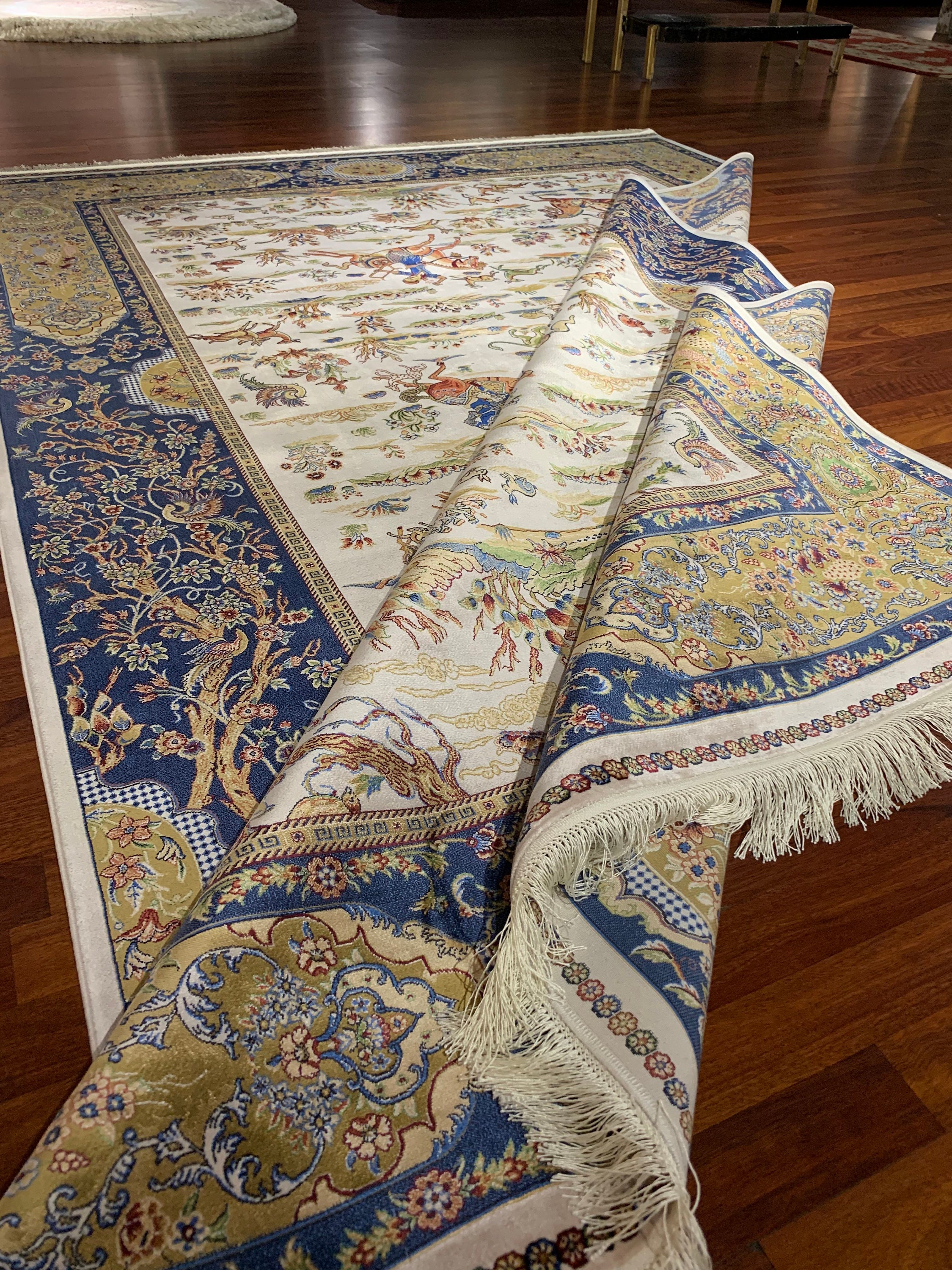 7x10 Beige Blue Silk Rug, Luxurious Living Room Rug, High Quality Silk ...