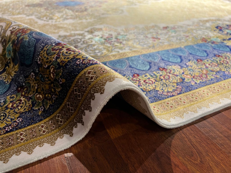 Blue Beige Persian Silk Rug, 7X10 Ft Luxury Silk Rug, Authentic Pattern ...