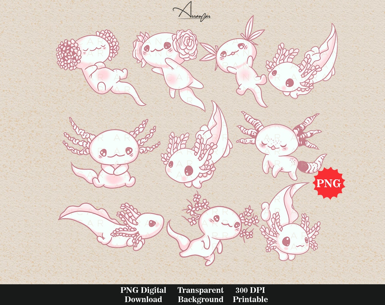 Kawaii Axolotls Clipart Bundle PNG, Axolotls for Sublimation Digital ...