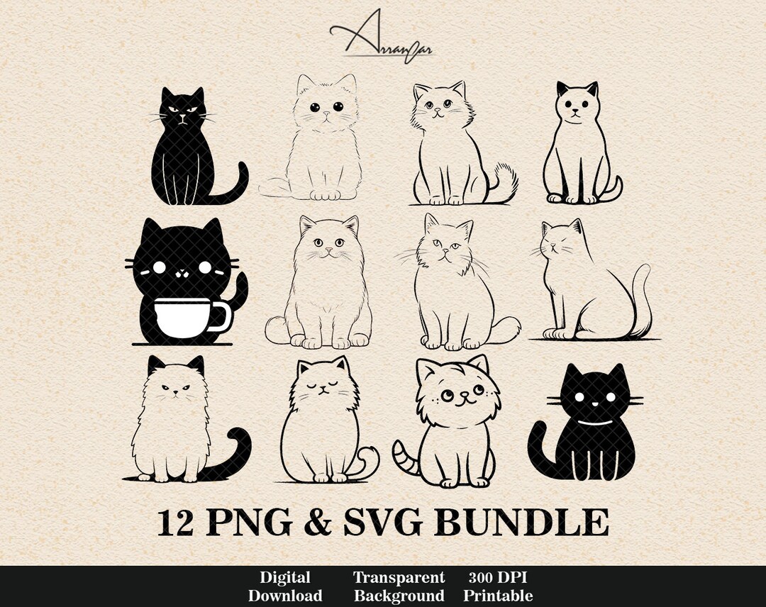 Cute Cat Line Art SVG Bundle Cat PNG Bundle Sublimation - Etsy