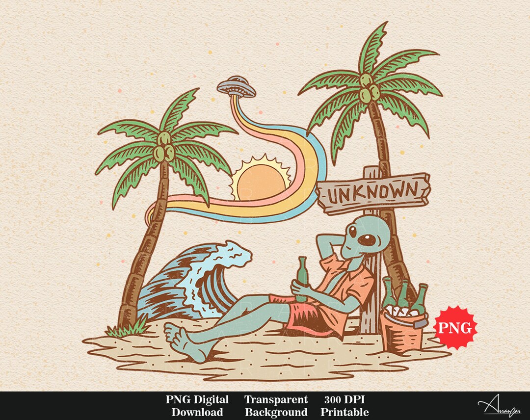 Alien Summer Vibe Png, Retro Summer Beach Png, Surfing on the Beach ...