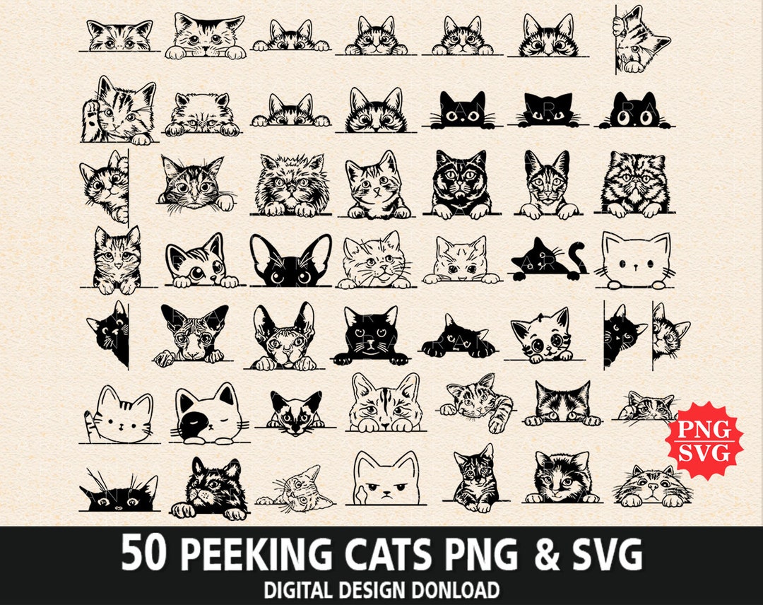 Peeking Cats SVG PNG Bundle Clipart, 50 Peeking Cats for Cricut ...