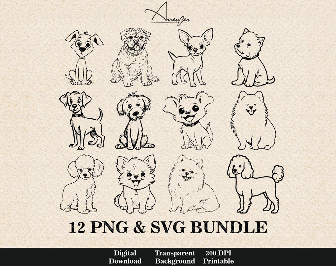 Cute Dog Line Art SVG Bundle, Dog PNG Bundle Sublimation Digital ...
