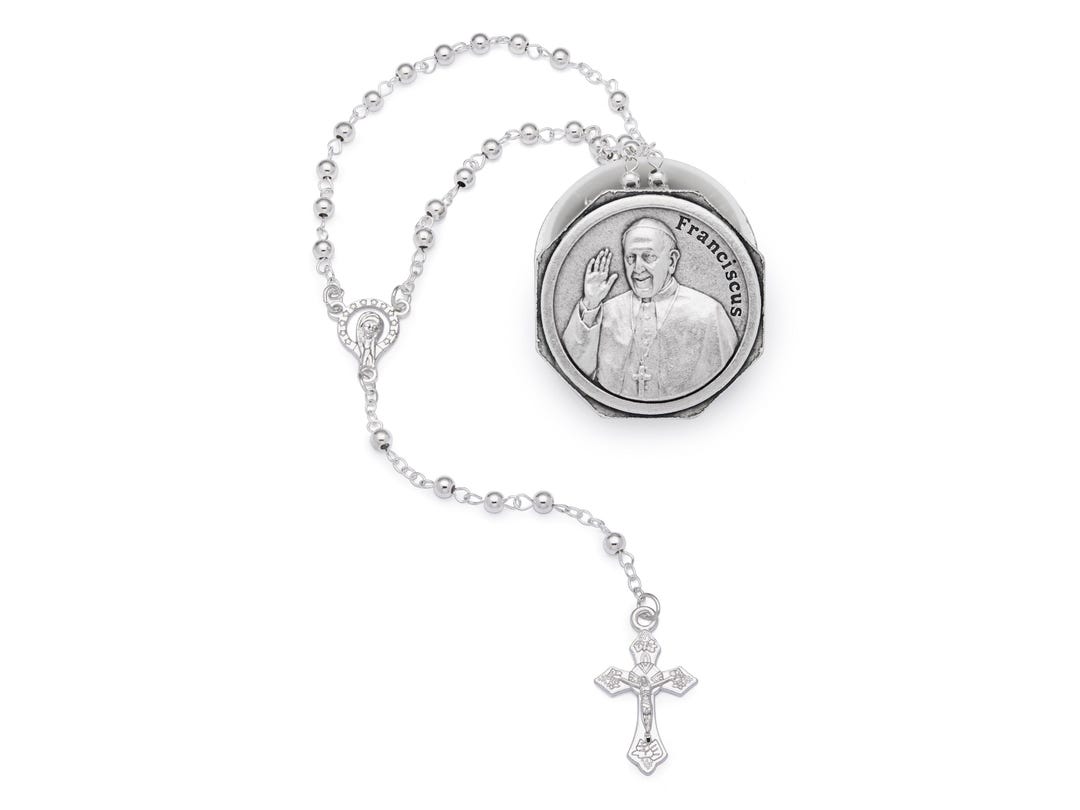 Metal Box With Pope Francis I and White Pearl Rosary - Papal Devotion ...