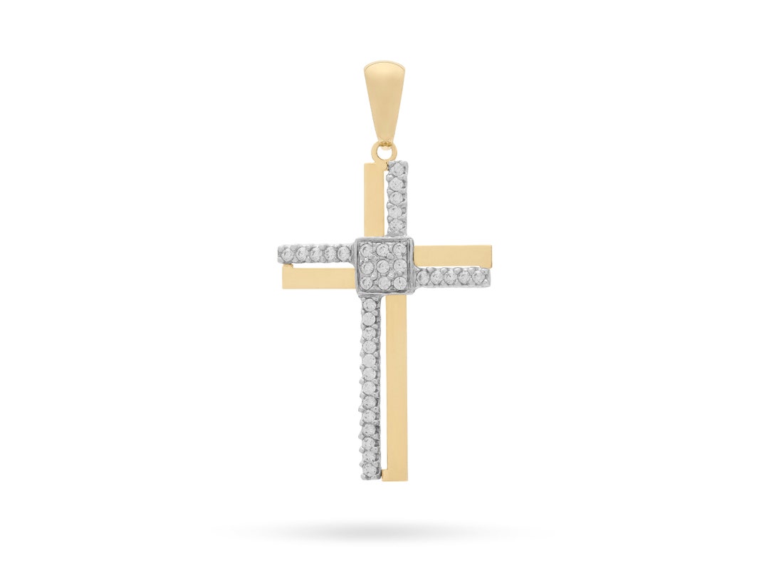 Luxurious 18k Yellow Gold Double Cross Pendant With White Gold and ...