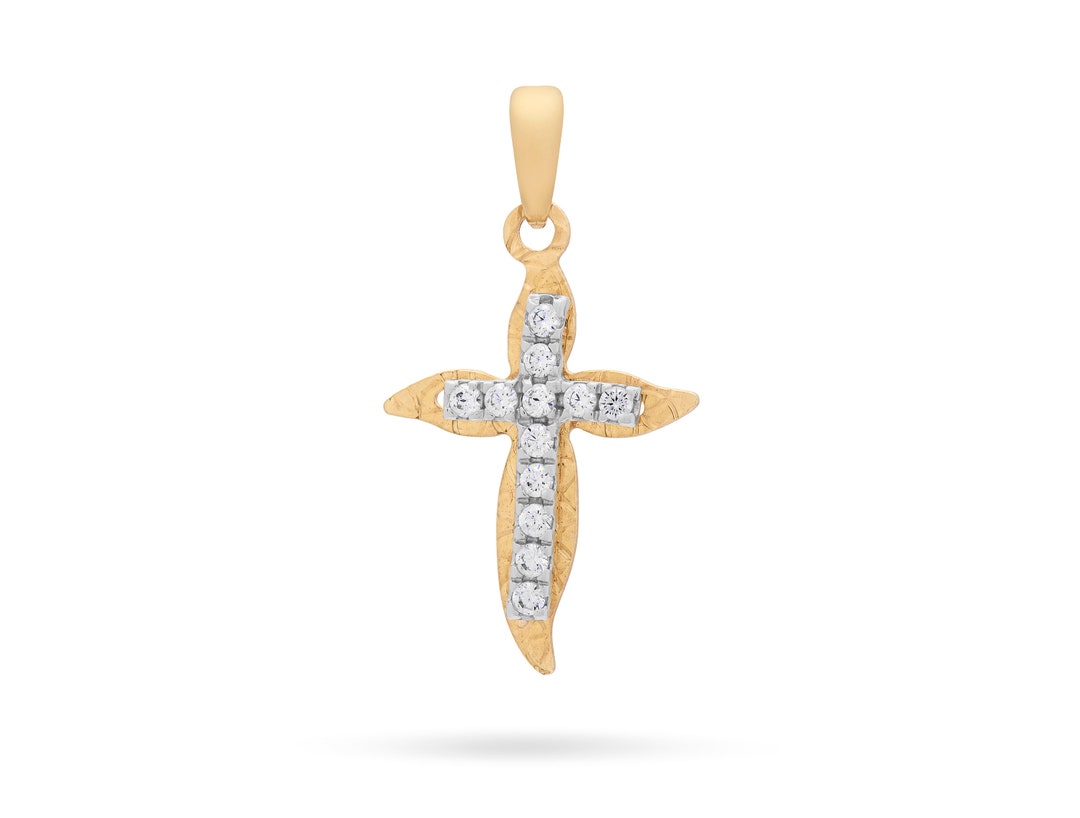 18k Gold Wavy Cross Pendant With Cubic Zirconia - Etsy