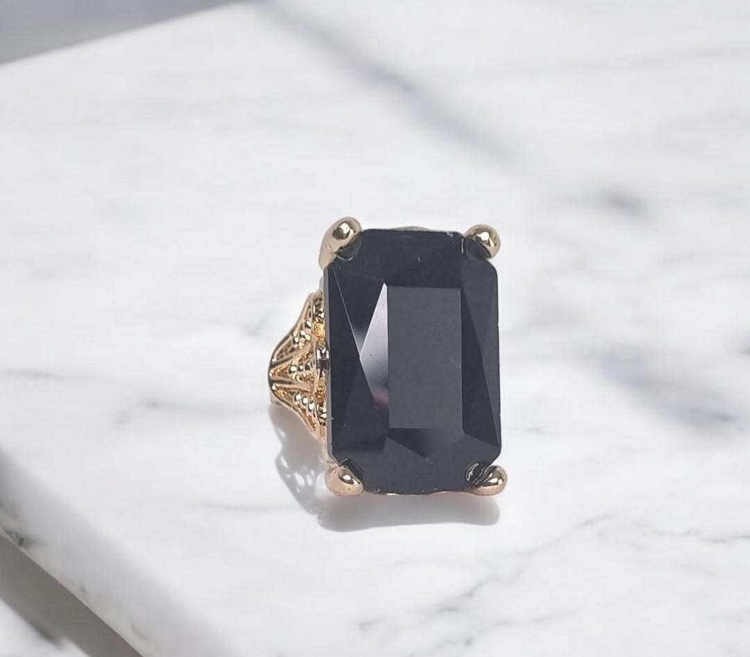 Jet Black Statement Ring, Rectangle-cut Stone, Crystal Ring, Large ...