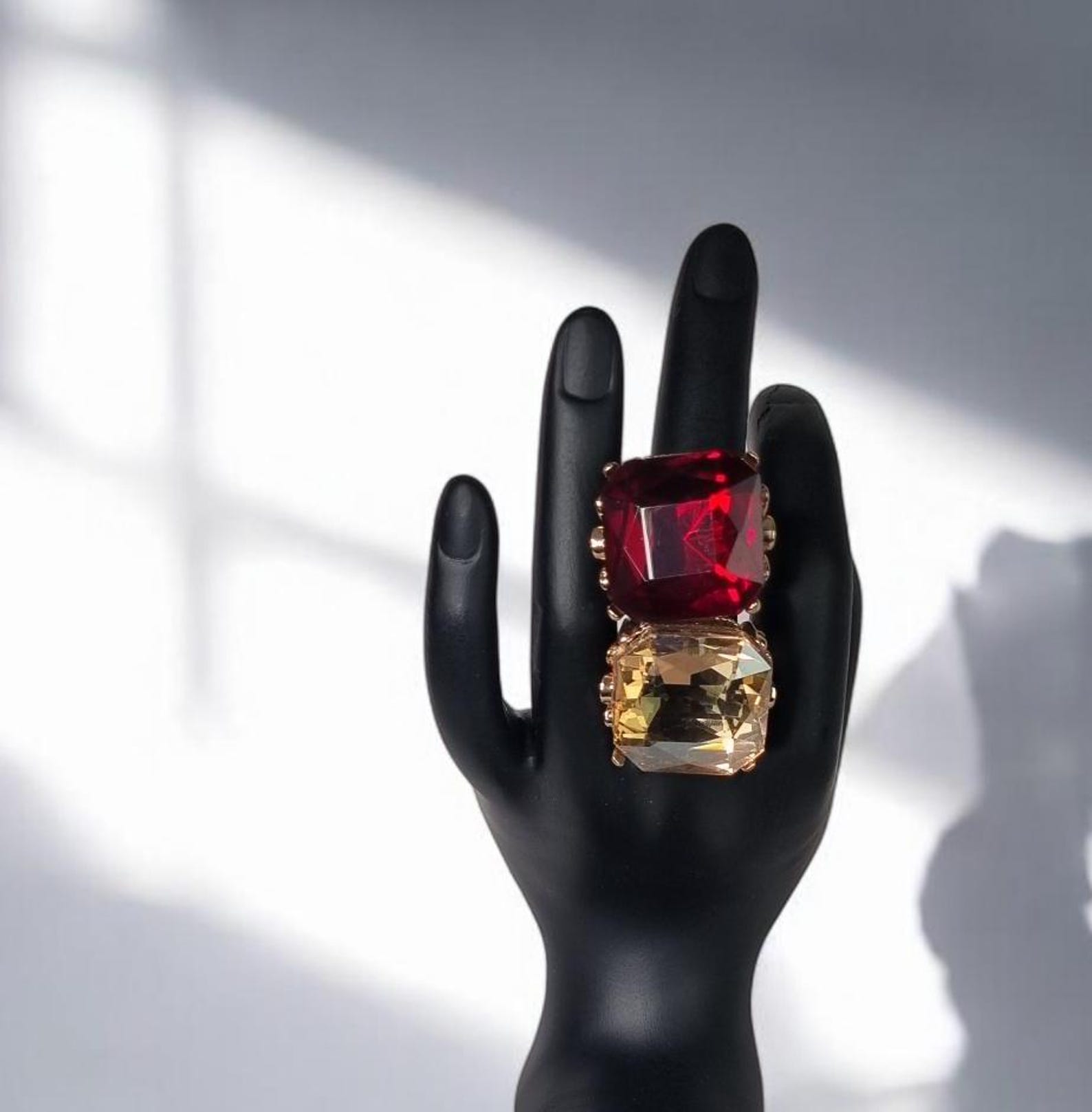 Elegant Champagne Crystal Statement Ring, Square Crystal Ring, Large Cocktail Ring, Adjustable ...