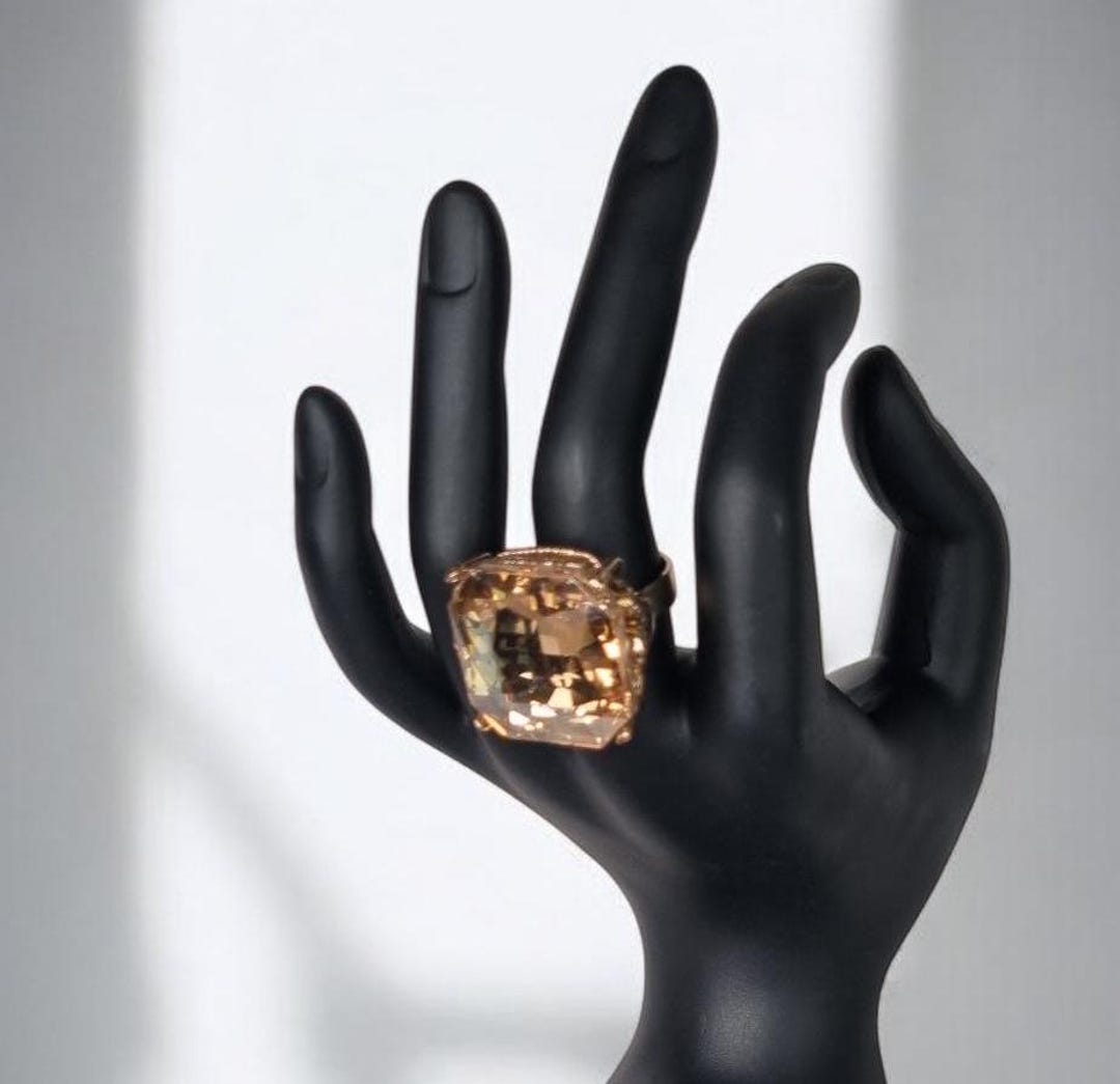 Elegant Champagne Crystal Statement Ring, Square Crystal Ring, Large ...