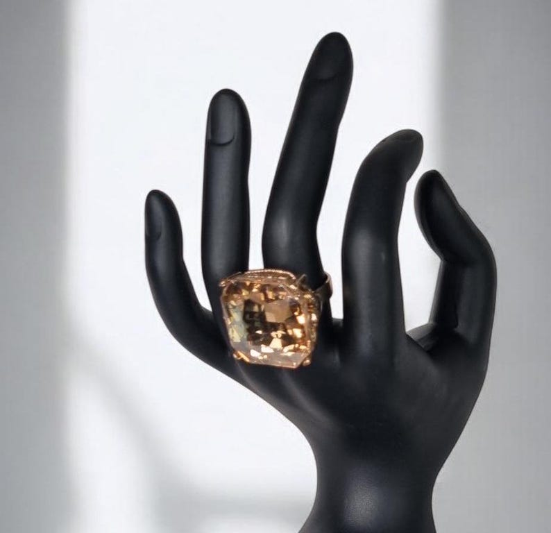 Elegant Champagne Crystal Statement Ring, Square Crystal Ring, Large Cocktail Ring, Adjustable ...