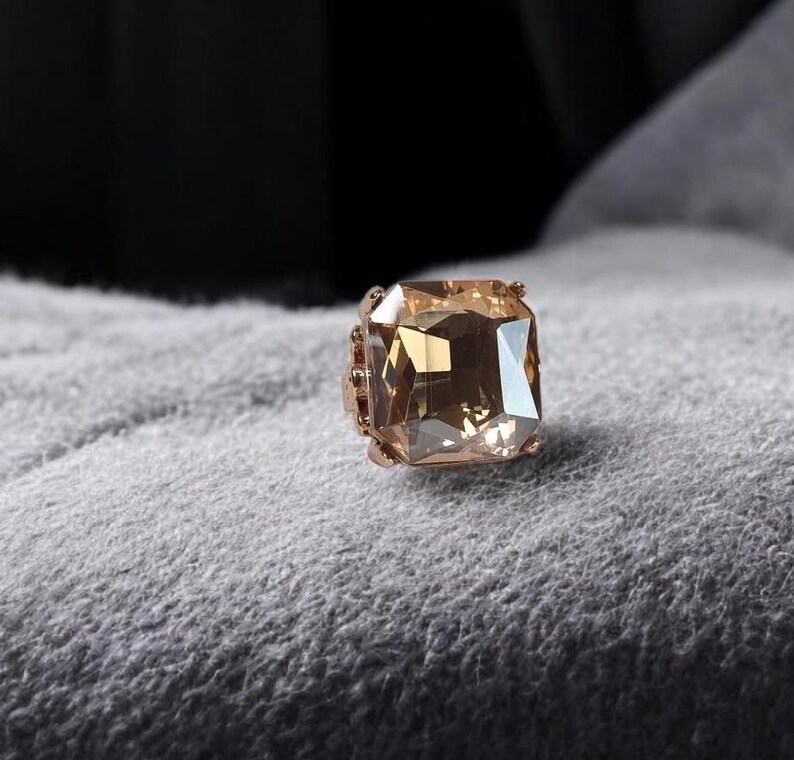 Elegant Champagne Crystal Statement Ring, Square Crystal Ring, Large ...