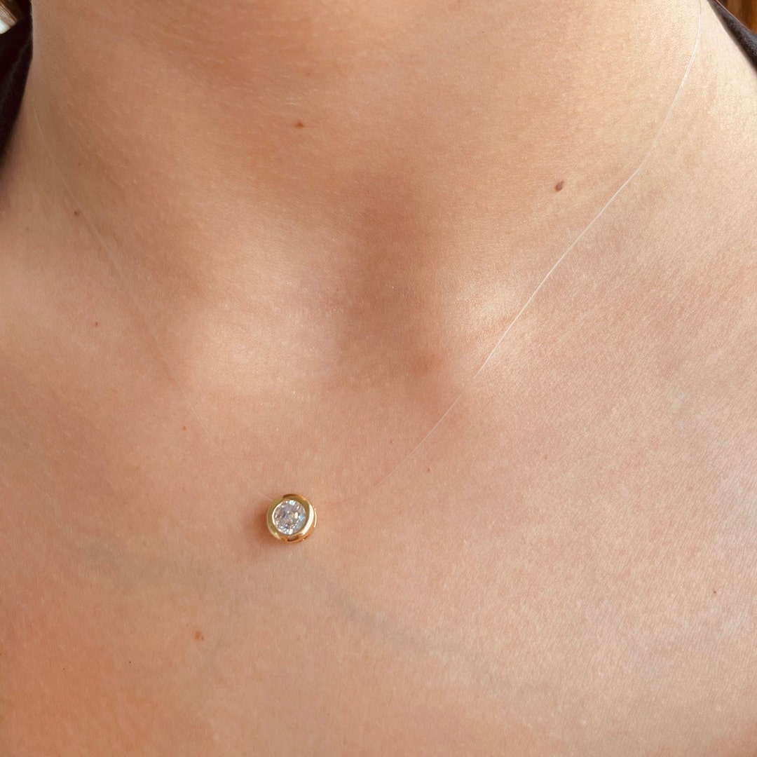 Invisible Cord Necklace, Gold Plated Solitaire Pendant, Illusion ...