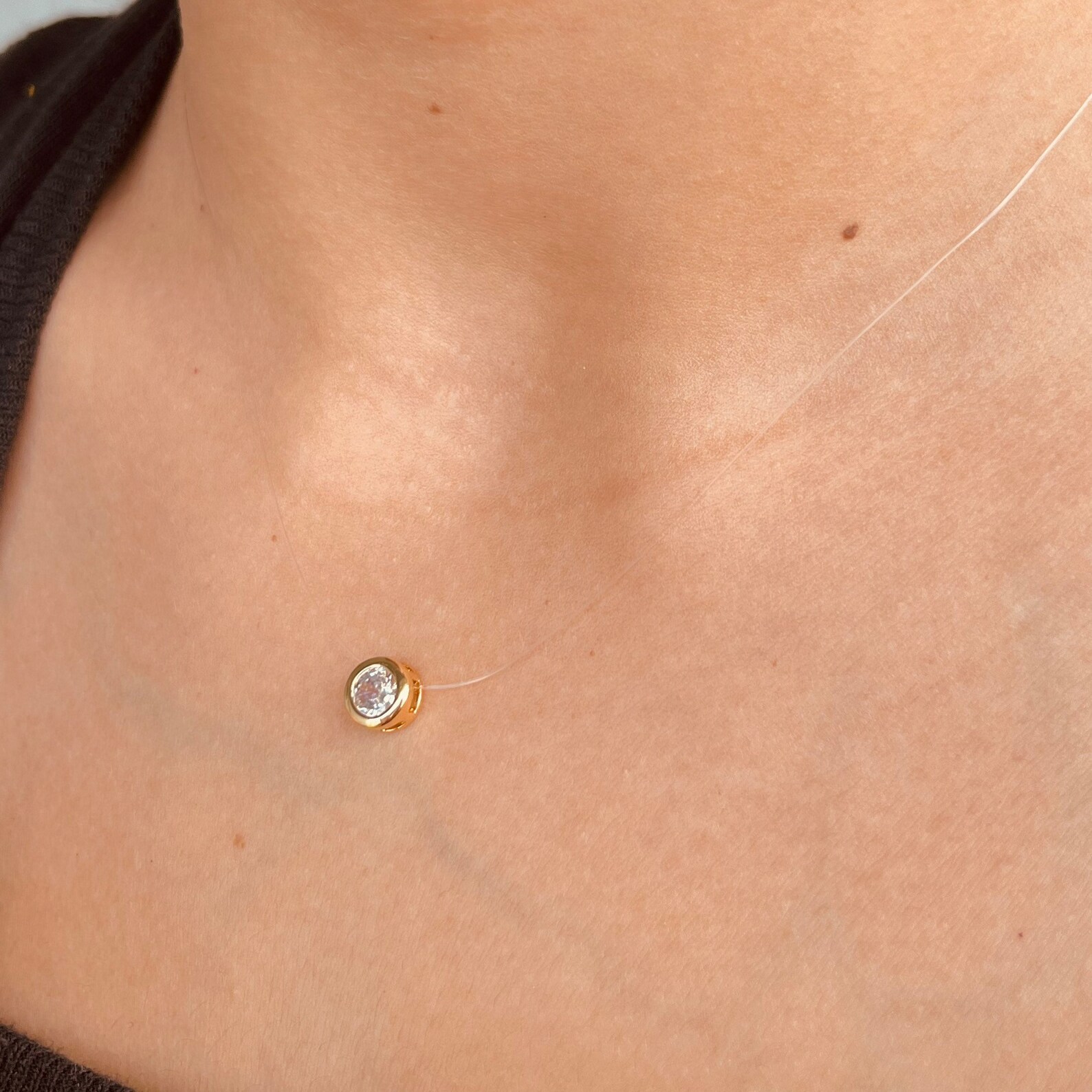 Invisible Cord Necklace, Gold Plated Solitaire Pendant, Illusion ...