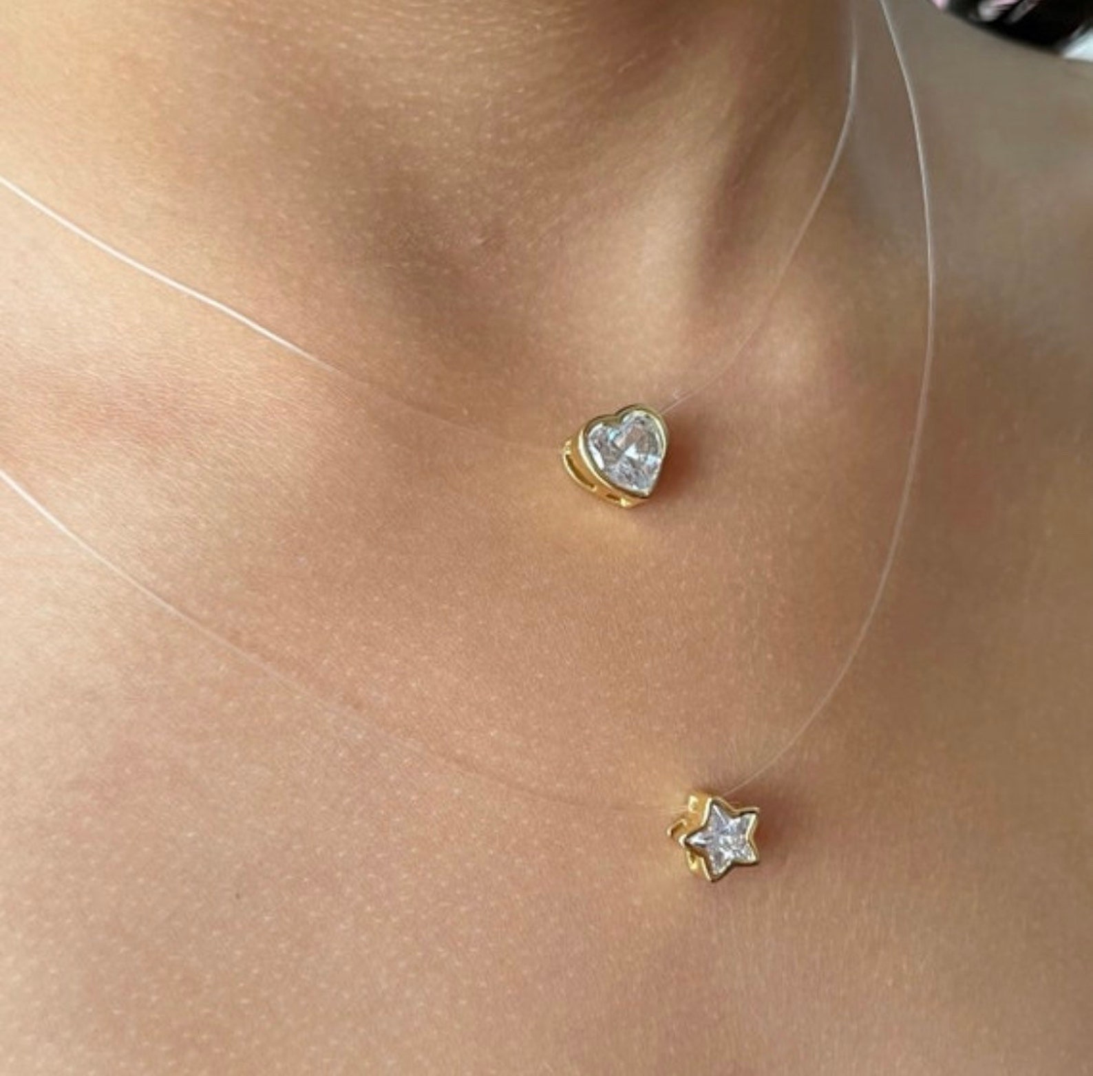 Invisible Cord Necklace, Gold Plated Solitaire Pendant, Illusion ...